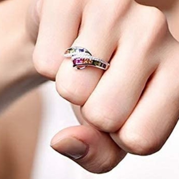 Jewelry | New 18k Gold Inlaid Diamond Rainbow Colored Gemstone Row Ring ...